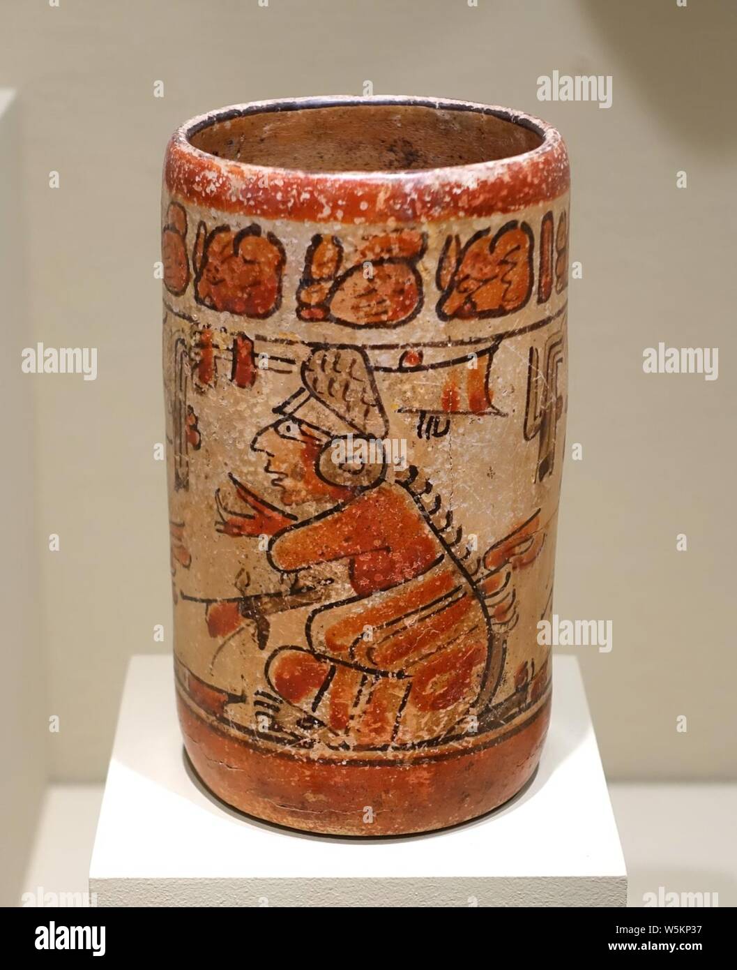 Cylinder vase with seated lord, Maya, ceramic, polychrome slip Stock ...