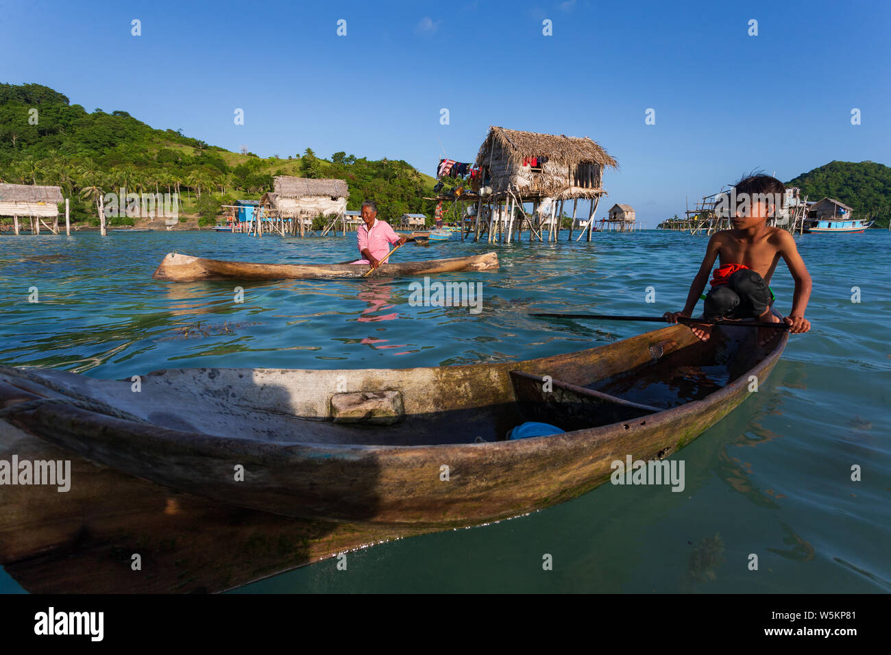 Borneo Malaysia. July 20, 2019. The water village, hand carved canoe ...