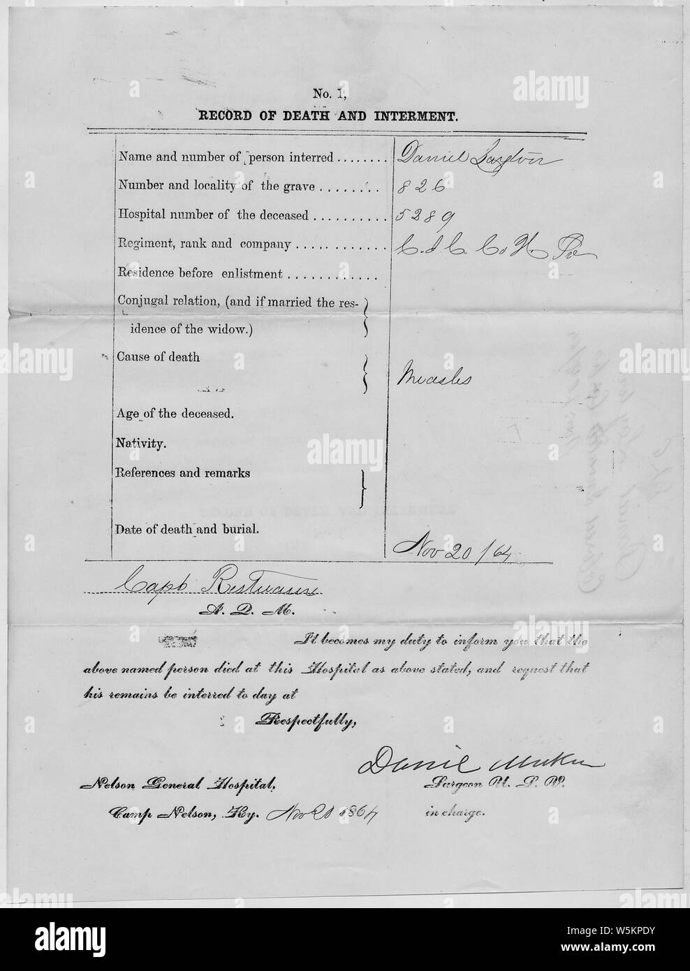 Death and Interment Record for Daniel Layton; Scope and content: Rank ...