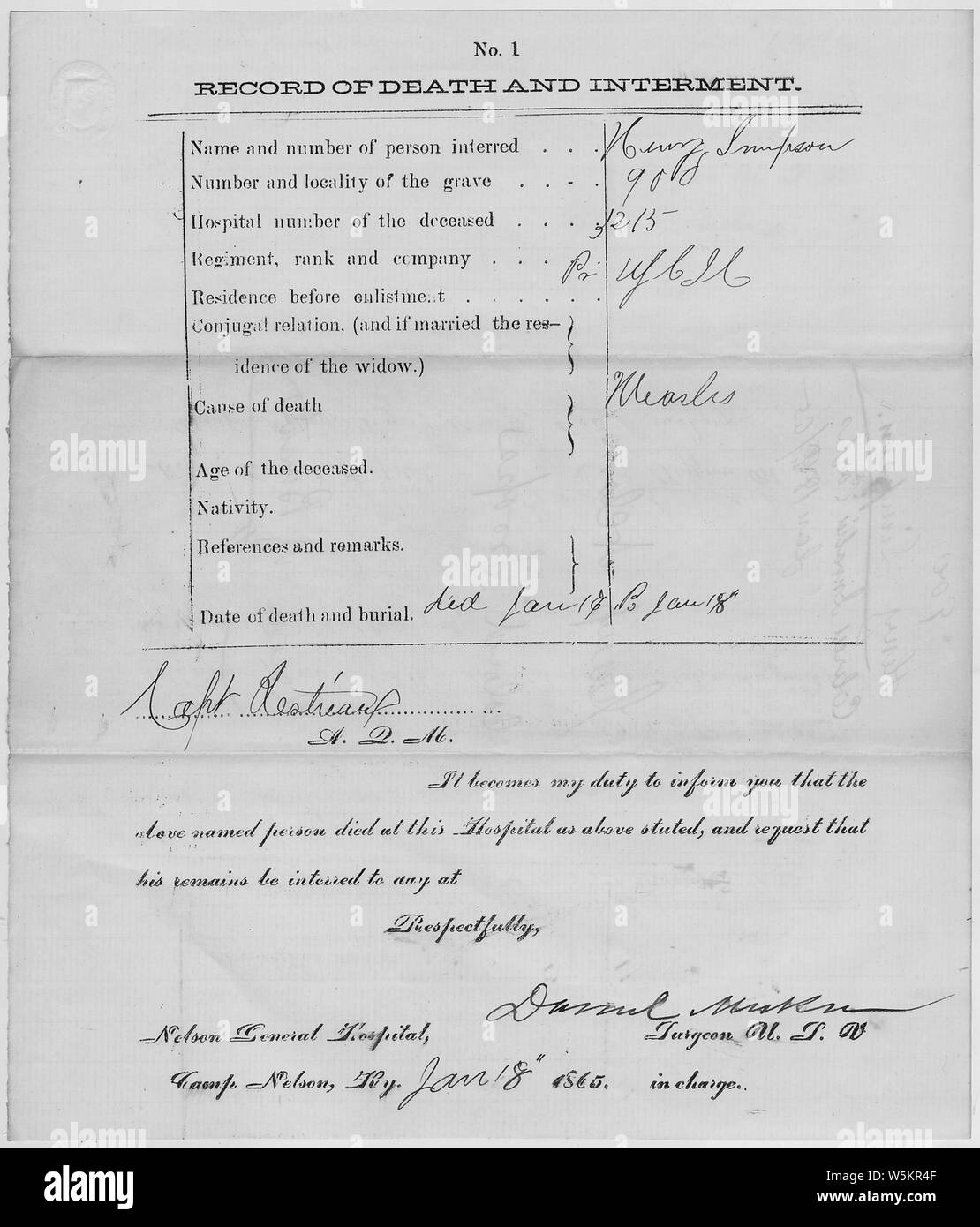 Death and Interment Record for Henry Simpson; Scope and content: Rank ...