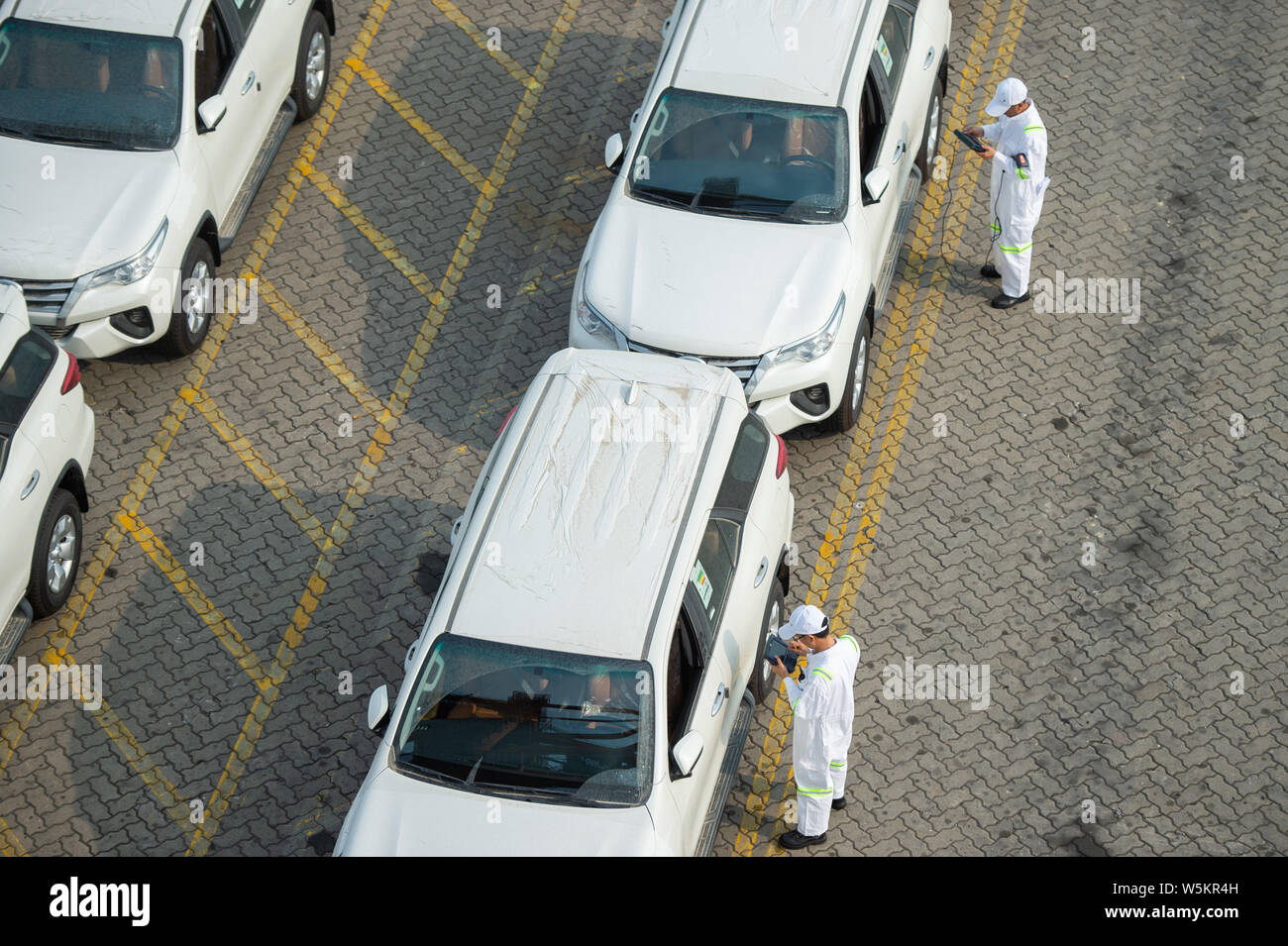A total of 500 parallel-import SUVs of Toyota are lined up at a port in ...