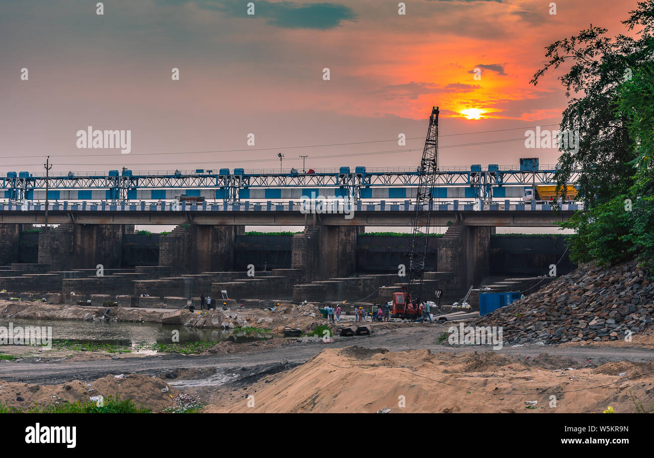 Durgapur Barrage at the time of Log Sluice Gate Repair at Sunset Stock ...