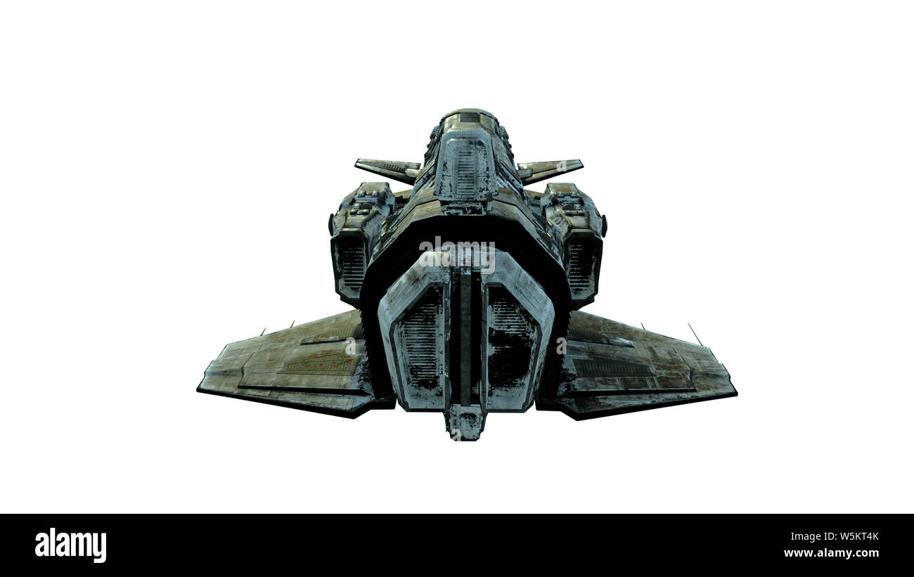 Old alien spaceship, UFO spacecraft in flight isolated on white ...