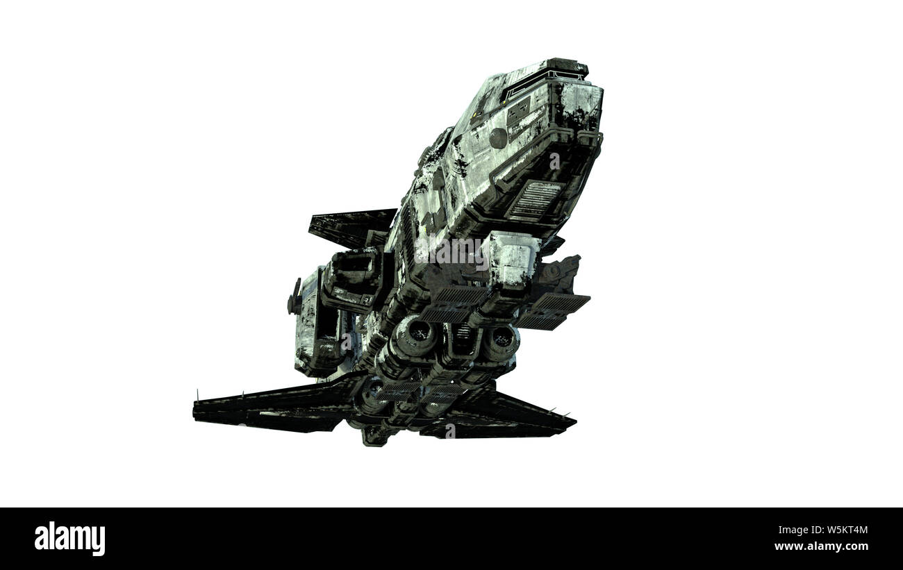 Old alien spaceship, UFO spacecraft in flight isolated on white ...