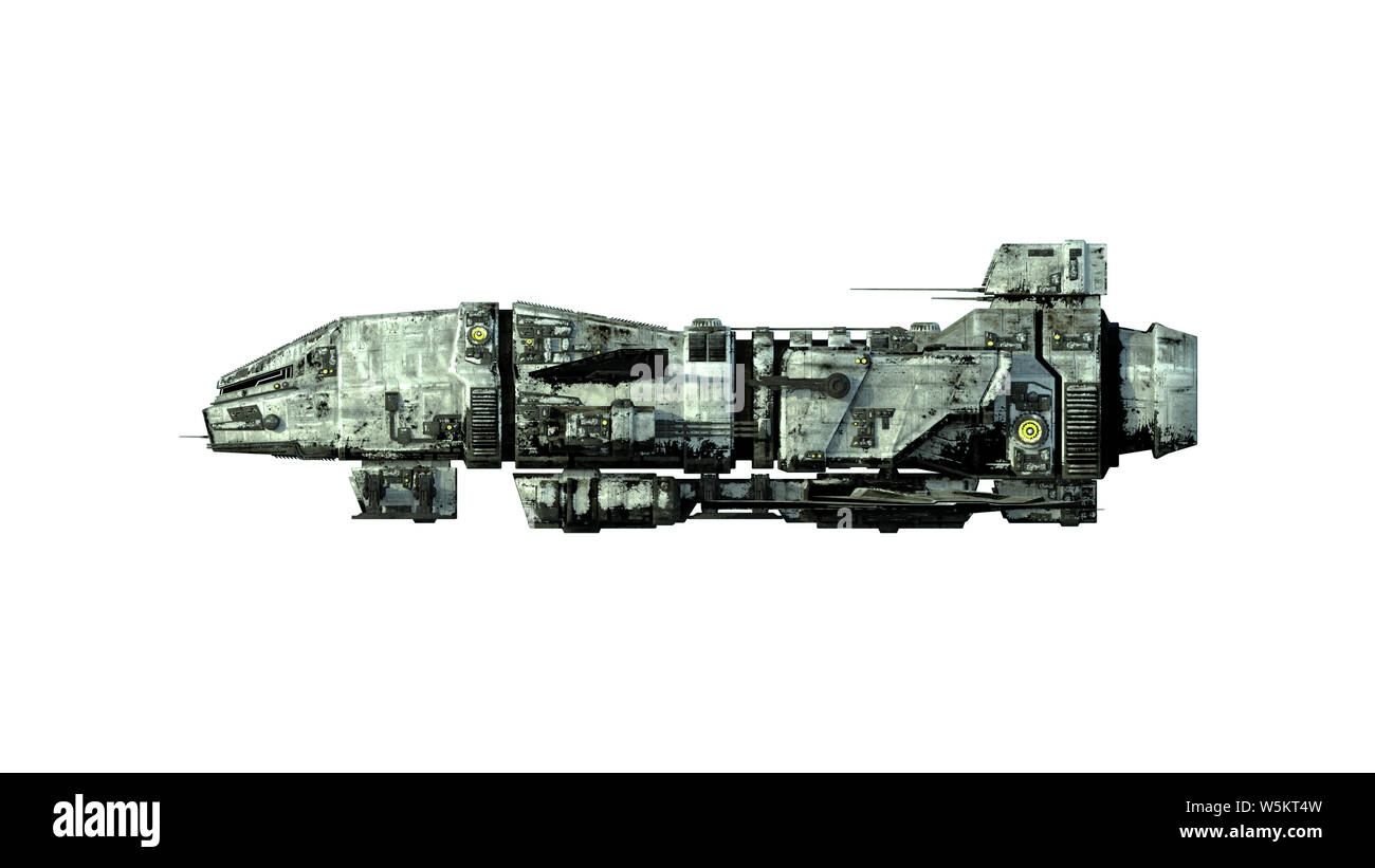 Old alien spaceship, UFO spacecraft in flight isolated on white ...