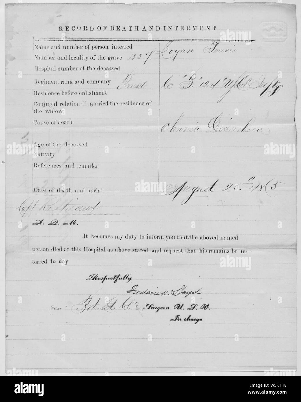 Death and Interment Record for Logan Travis; Scope and content: Rank ...