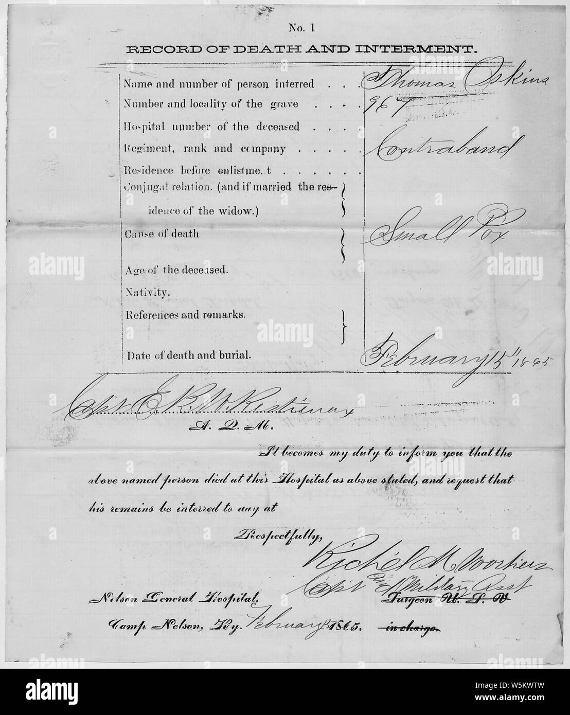 Death and Interment Record for Thomas Oskins; Scope and content: Status ...