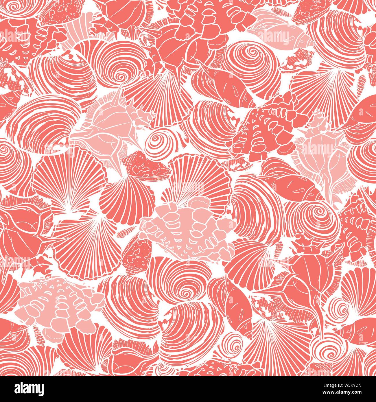 Vector coral pink repeat pattern with variety of overlaping seashells ...