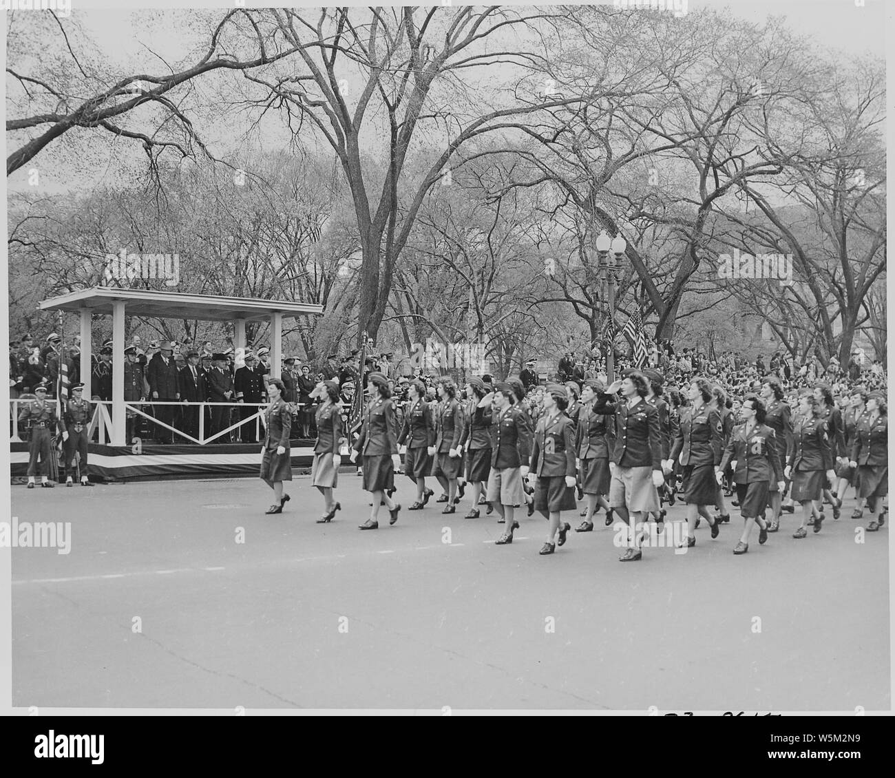 Distance view of President Truman in the reviewing stand watching the ...
