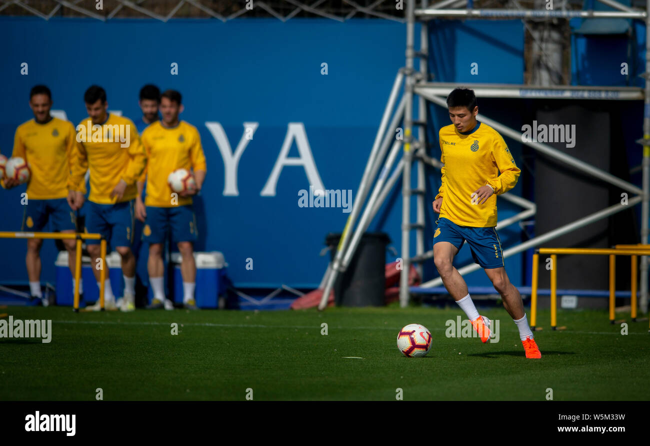 Chinese footballer Wu Lei takes part in a training session of RCD ...