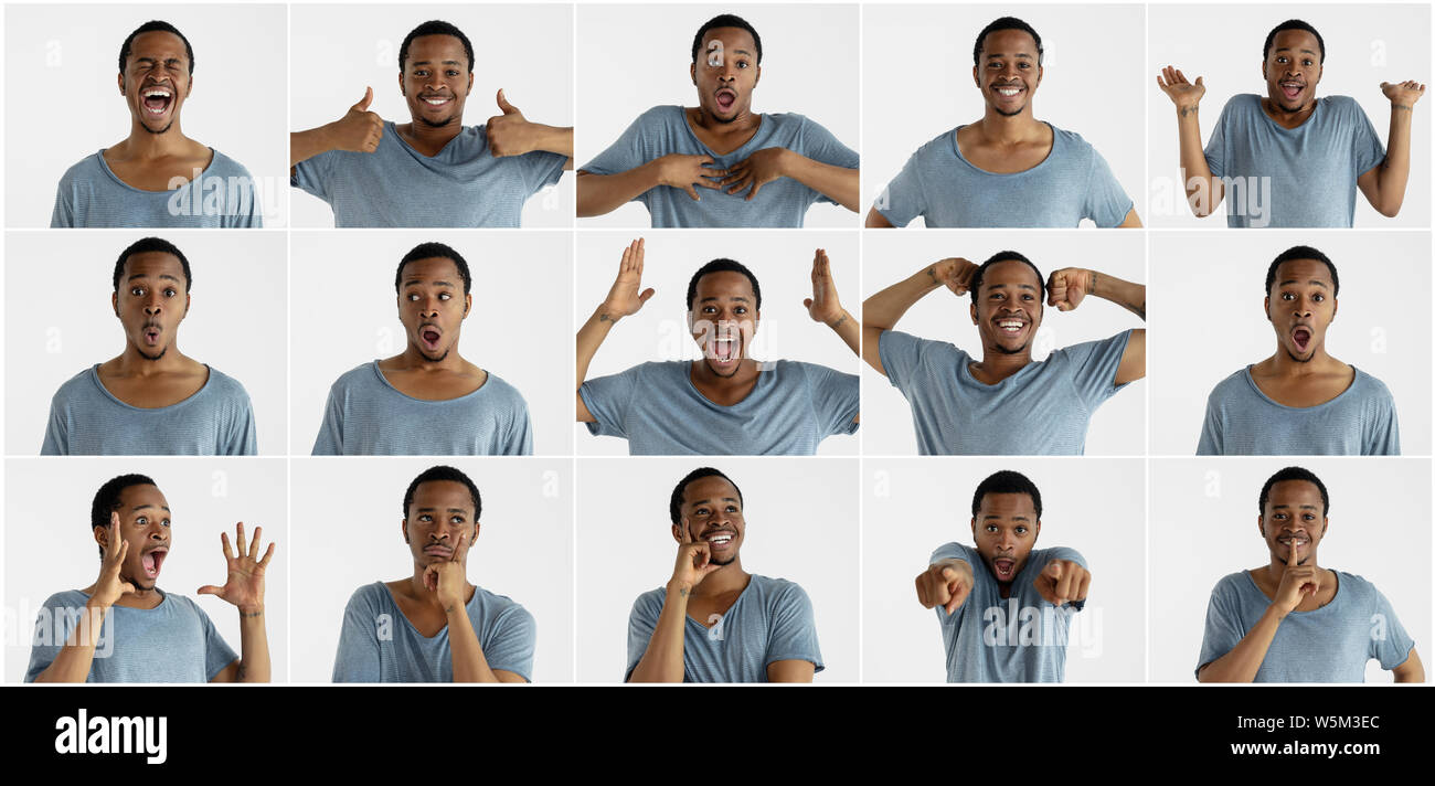 Collage made of half-length close up portrait's of young man on white ...
