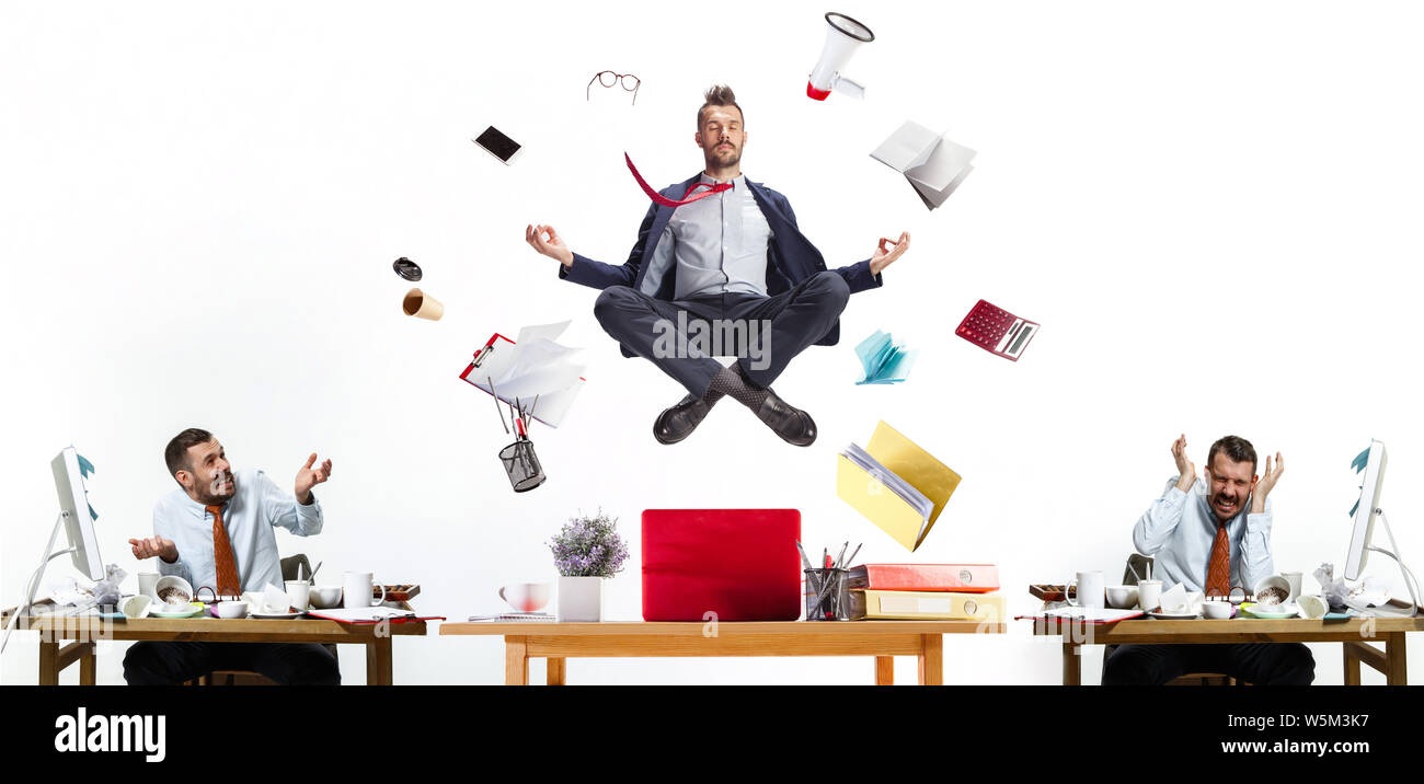 Collage of men suffering from noise in office while their colleague ...