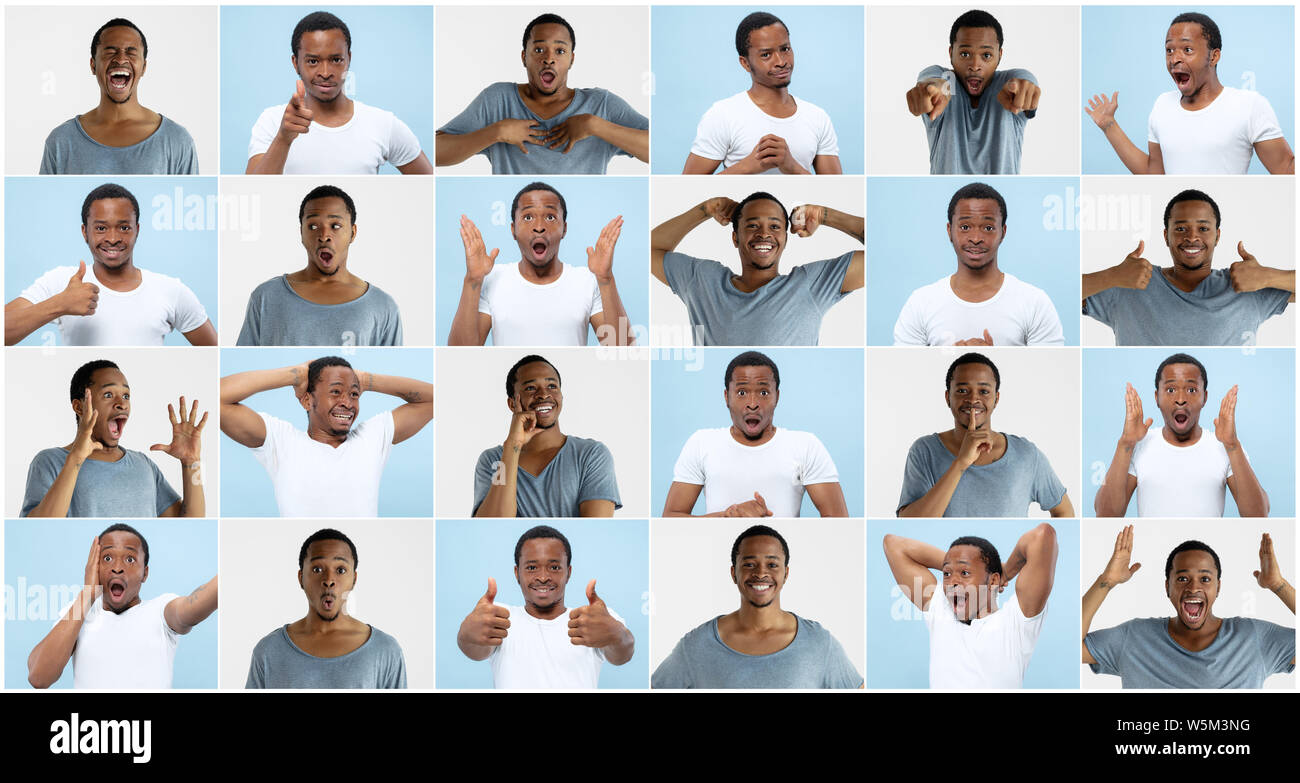 Collage made of half-length close up portrait's of young man on mixed ...