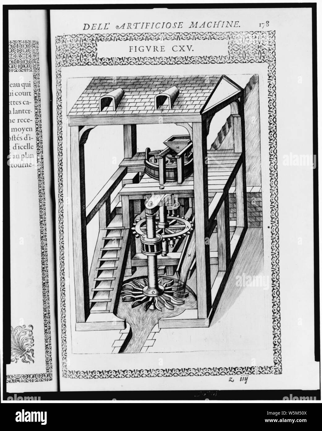 Cut-away view of water-powered mill showing horizontal wheel with ...
