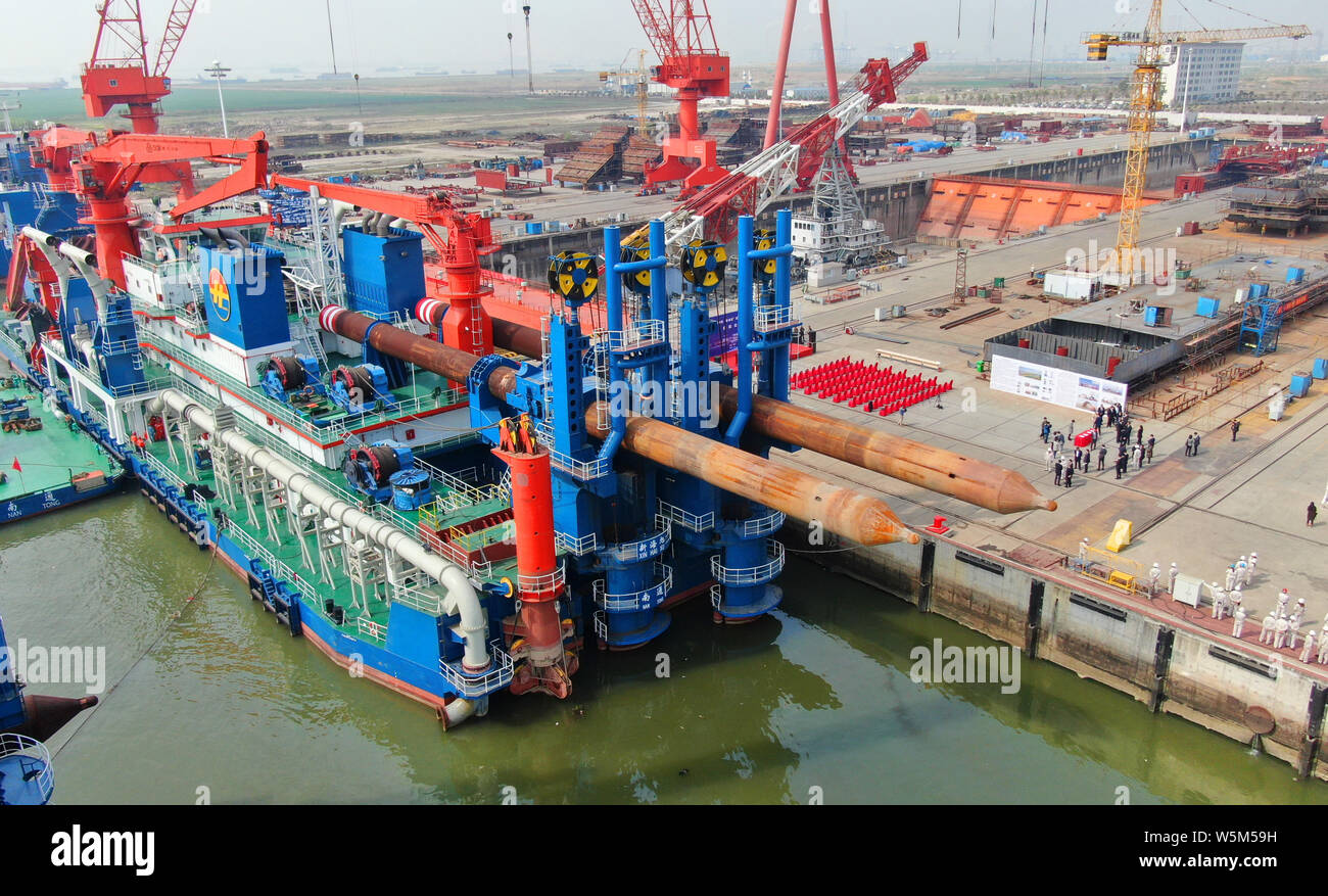 The 138-meter-long dredging vessel Xin Hai Xu is docked at a port in ...