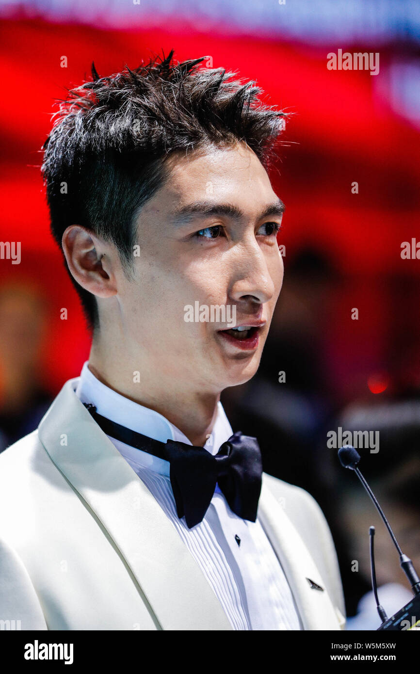 Chinese short track speed skater Wu Dajing, the winner of the men's 500 ...
