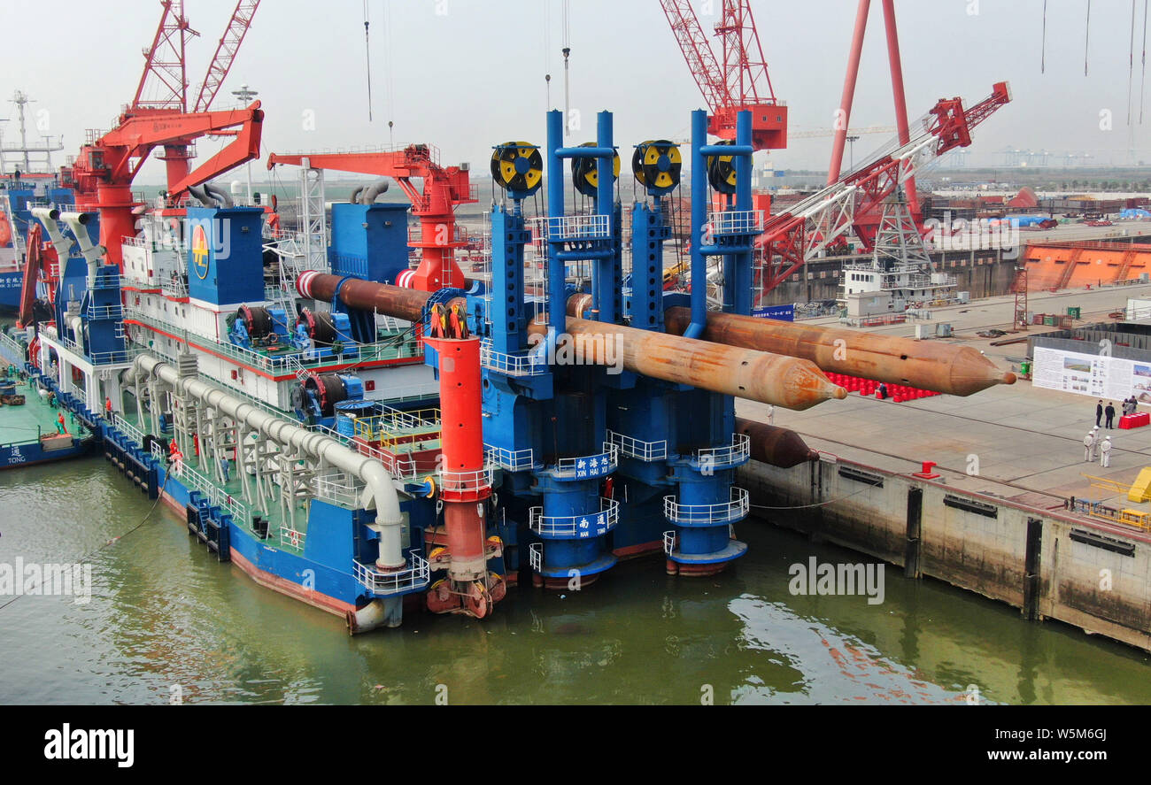 The 138-meter-long dredging vessel Xin Hai Xu is docked at a port in ...