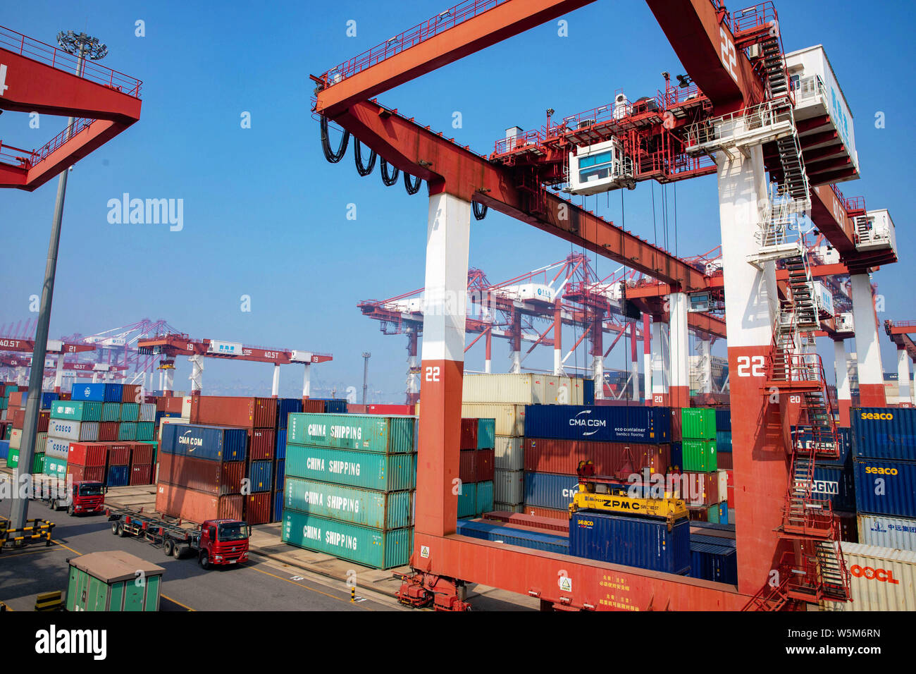 Containers are stacked at the fully automated container terminal at the ...