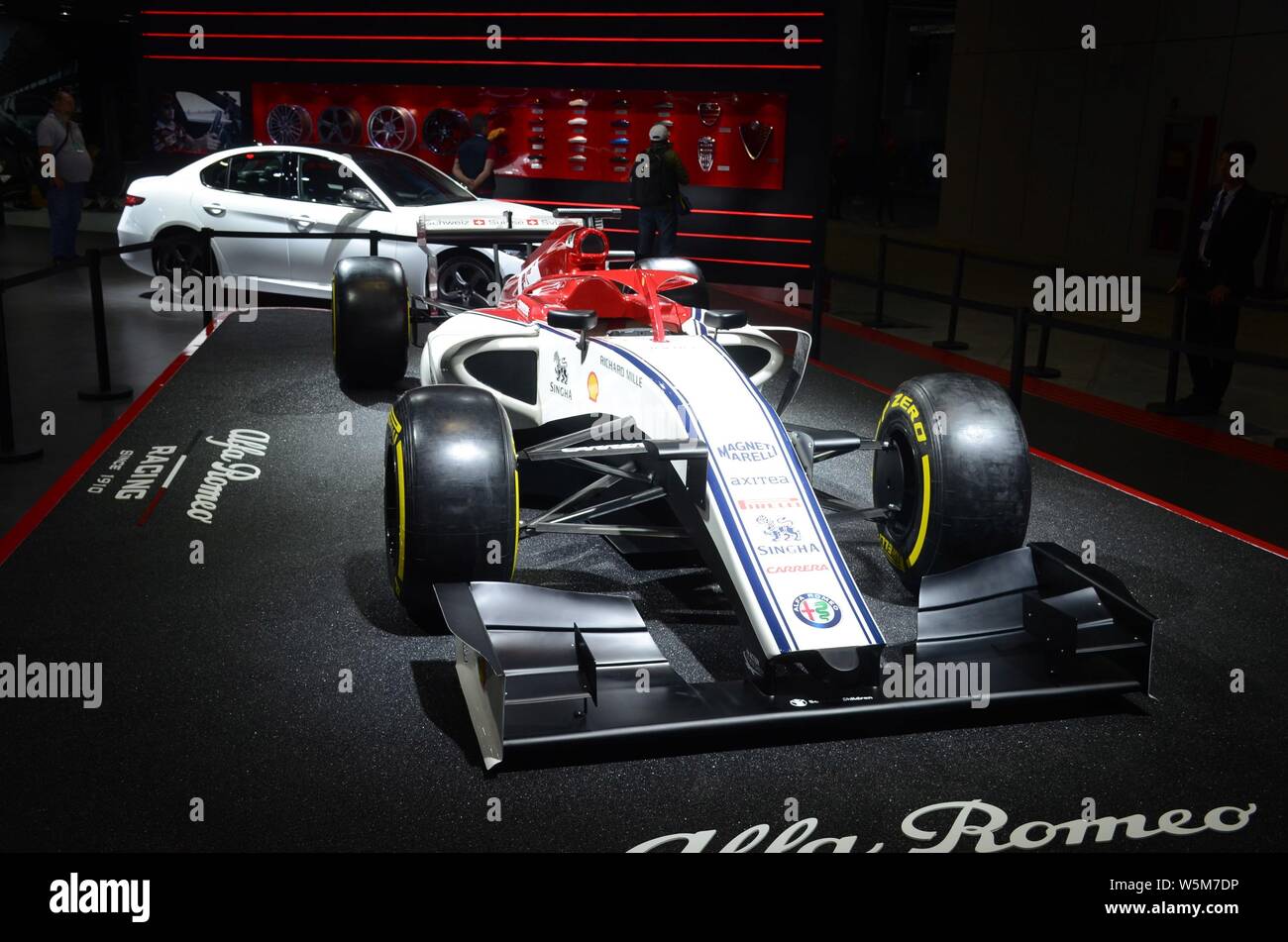 View of the Alfa Romeo's Ferrari-powered F1 race car on display during ...