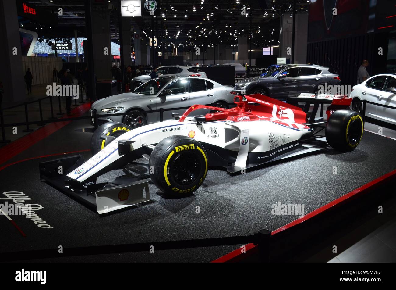 View of the Alfa Romeo's Ferrari-powered F1 race car on display during ...