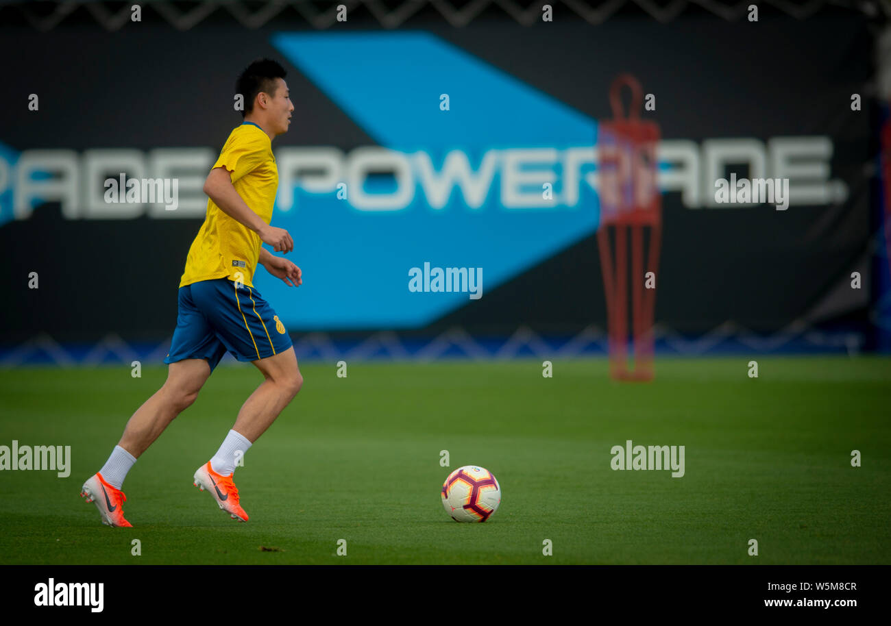 Chinese footballer Wu Lei takes part in a training session of RCD ...