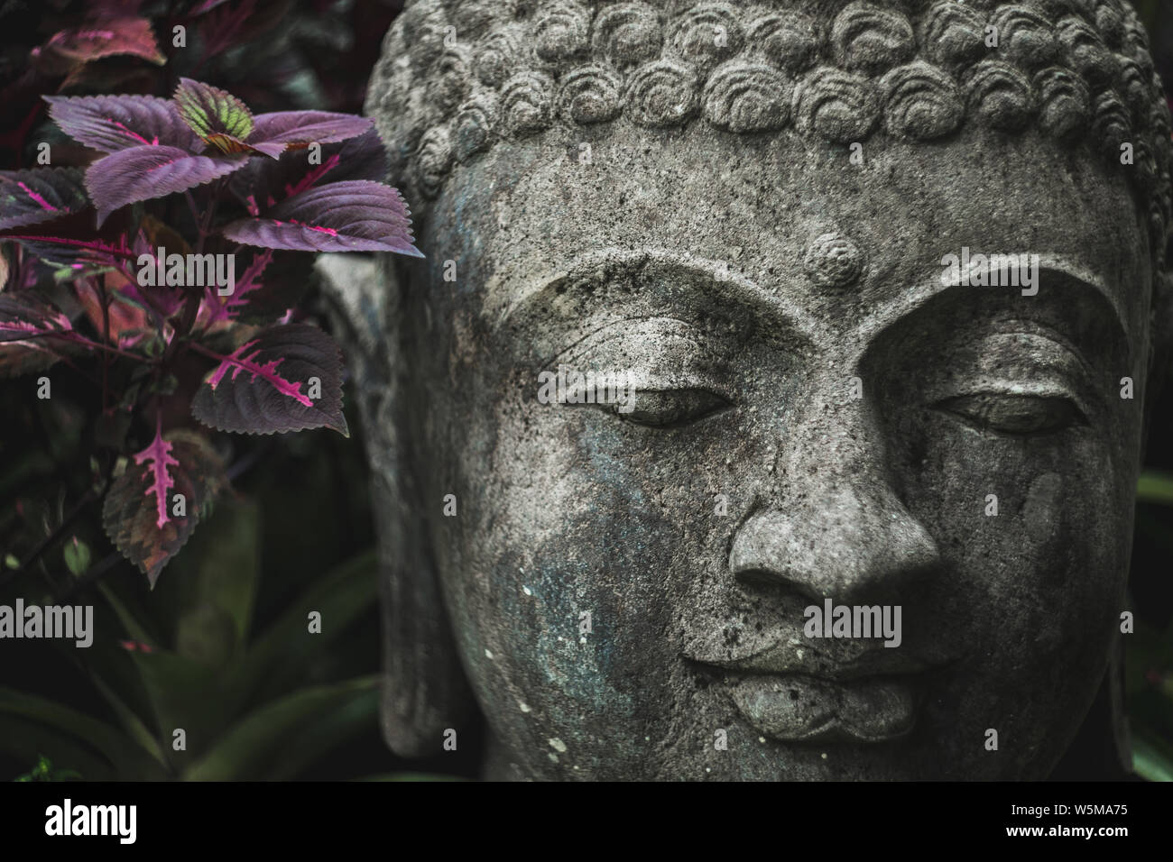 Stone Buddha face close-up. Handmade carved Buddha statue in balinese ...