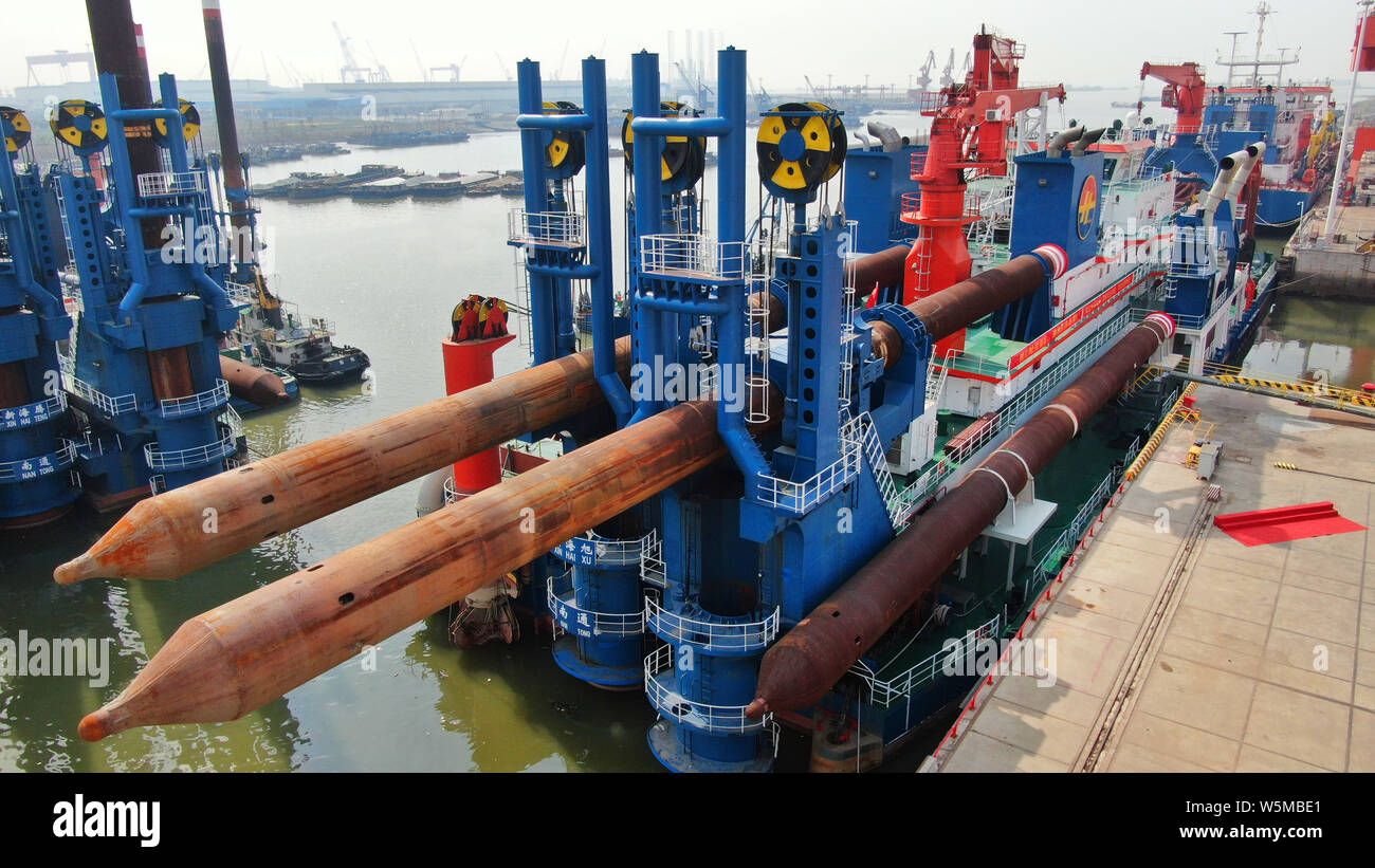 The 138-meter-long dredging vessel Xin Hai Xu is docked at a port in ...