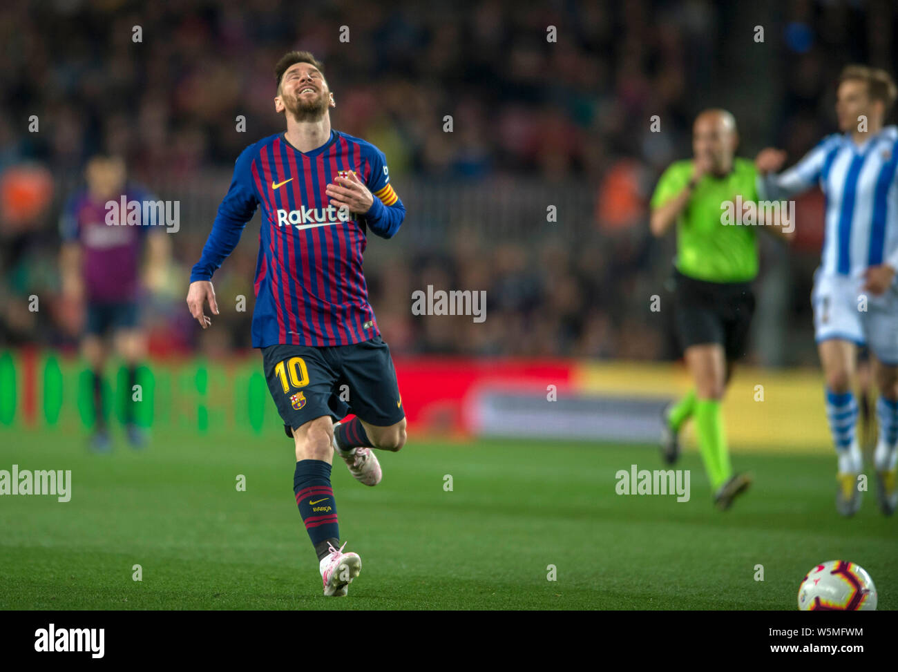 Lionel Messi of FC Barcelona reacts during their 33rd round match of ...