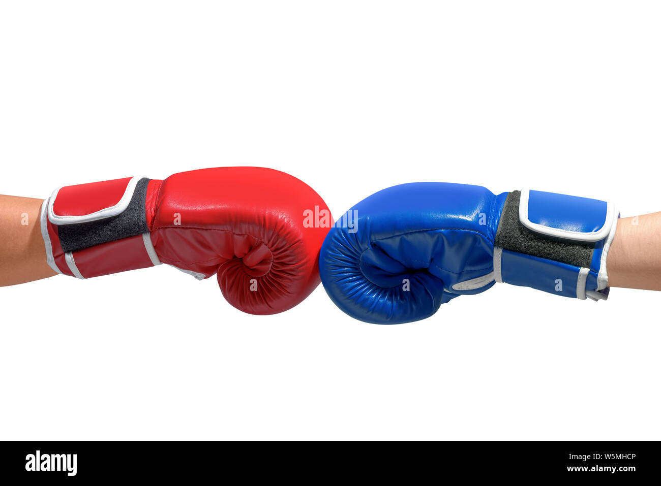 Hands of two men with blue and red boxing gloves bumped their fists ...
