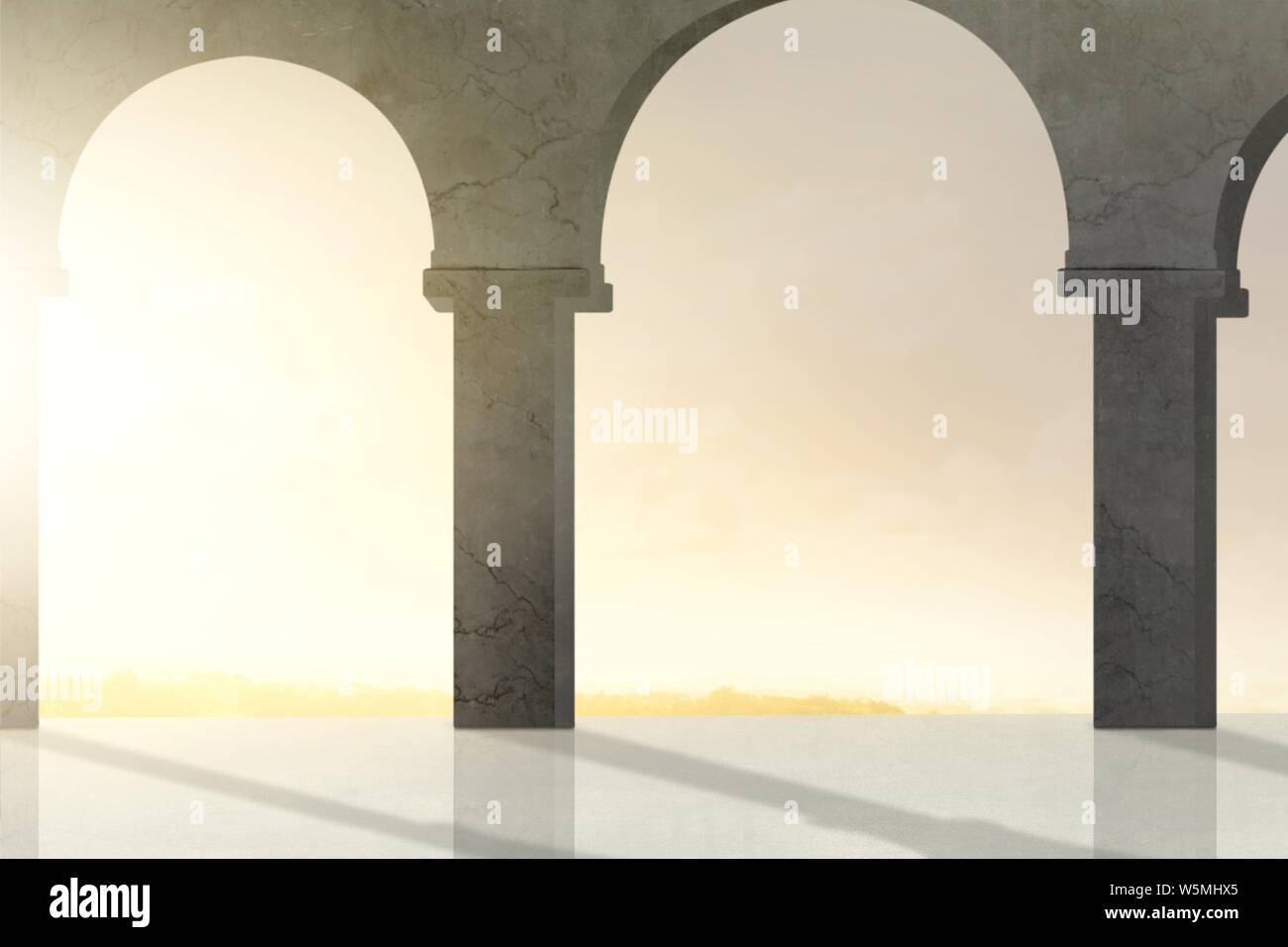 Arches of inside the mosque with sunlight and sky background Stock ...