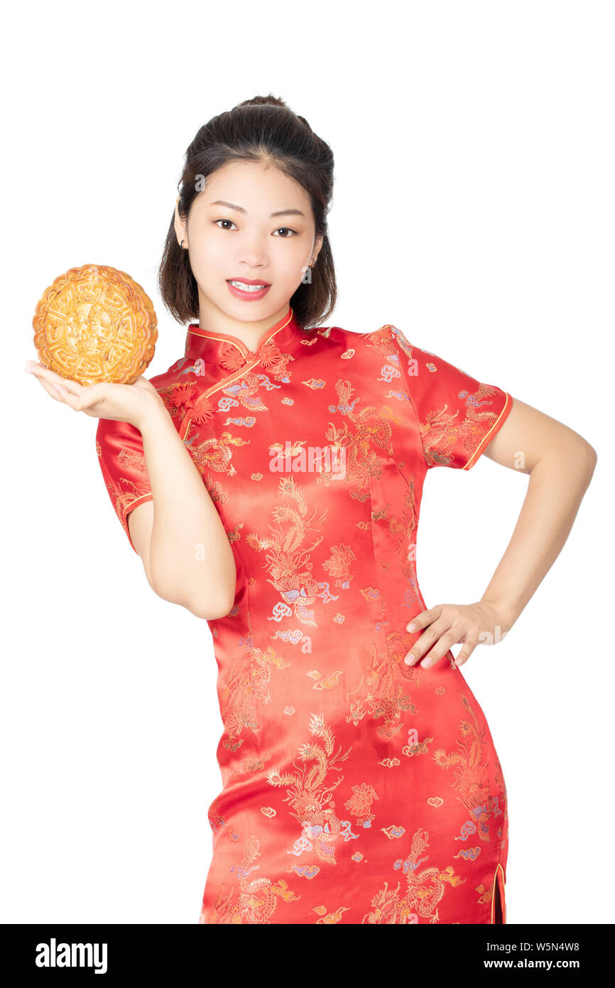 Beautiful Chinese woman wearing a Cheongsam or Chipao holding a Moon ...