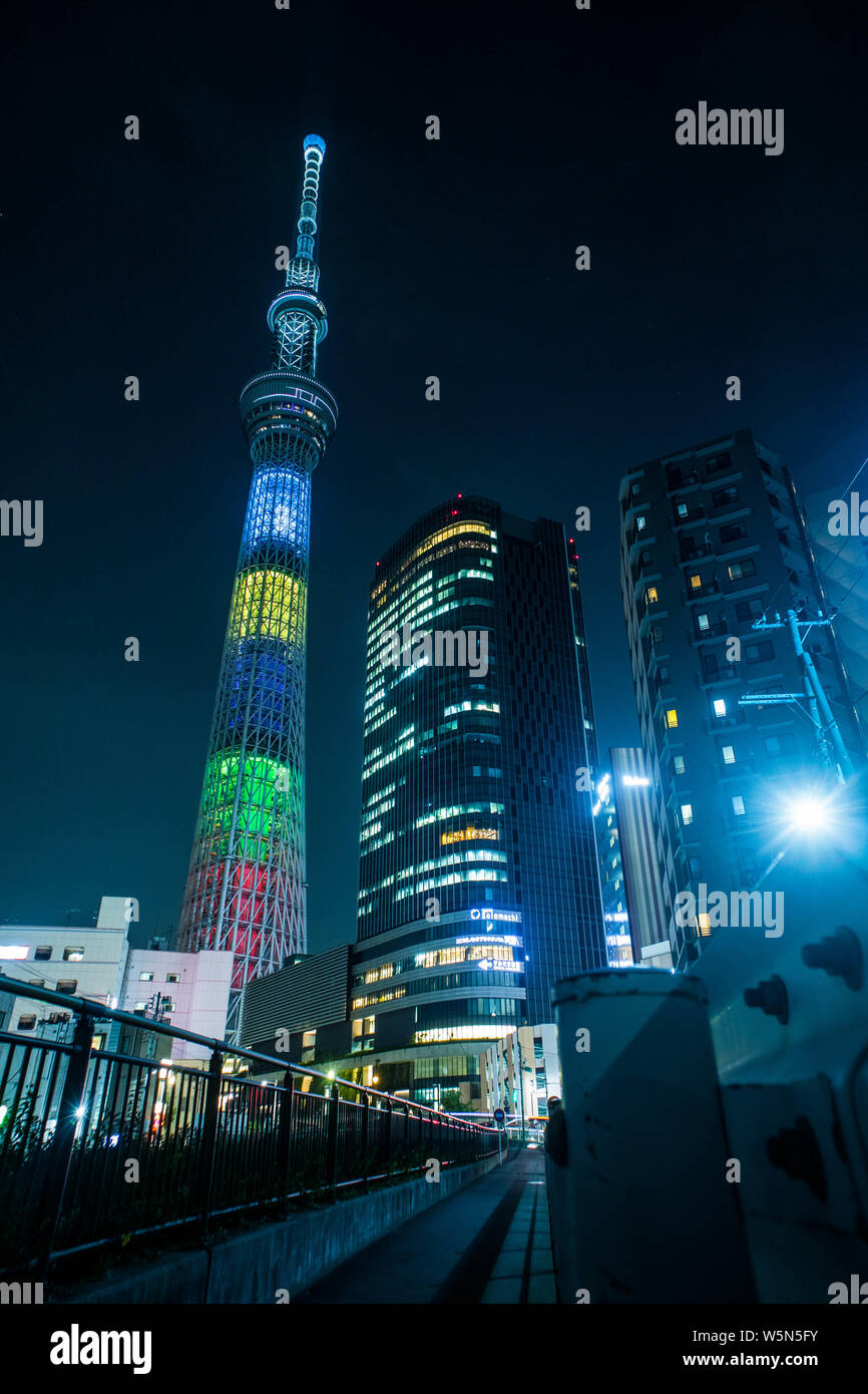 Tokyo Skytree tower view from Oshiage. Low angle. Portrait Orientation ...
