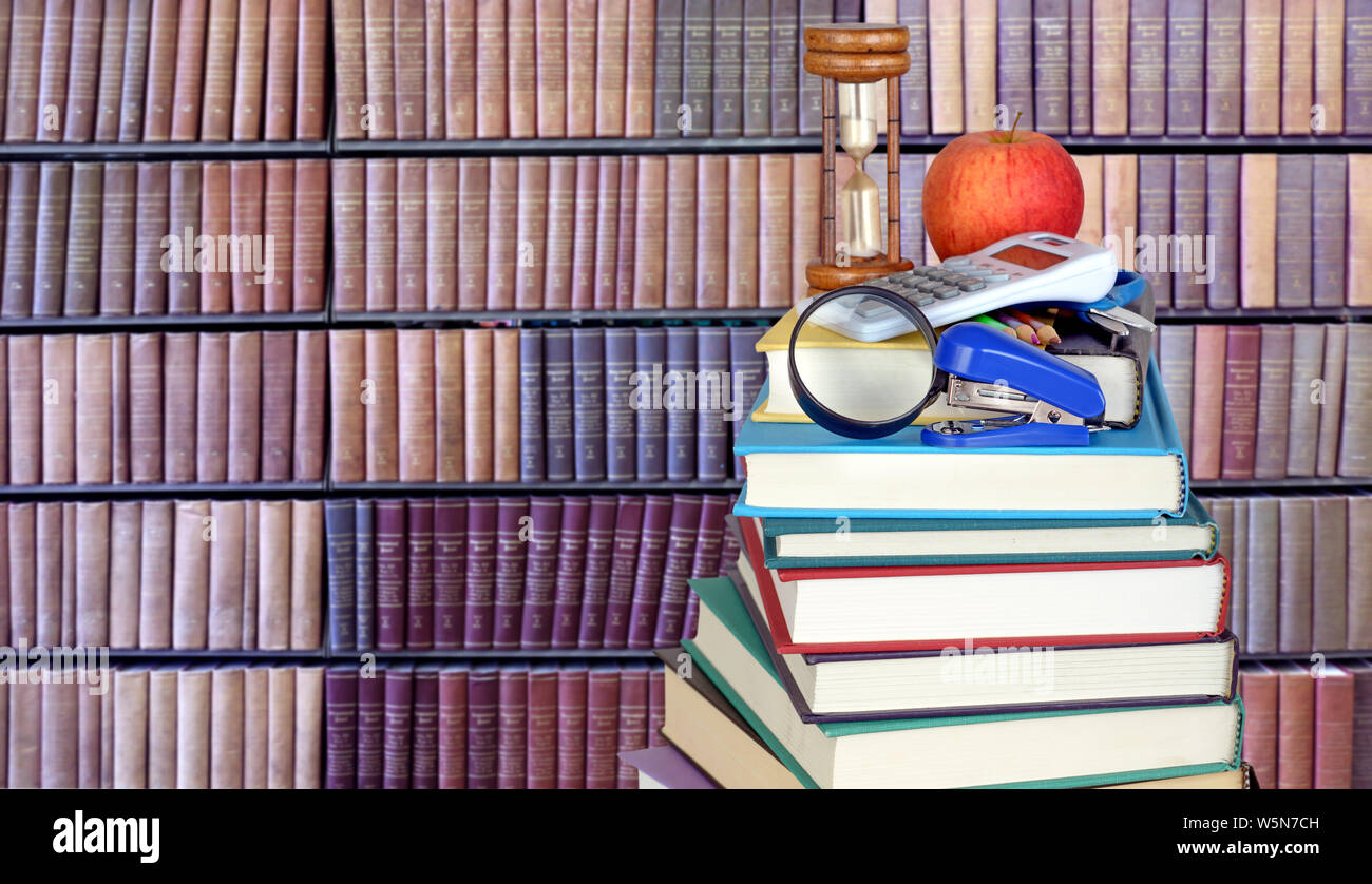 stack of books in library for education concept Stock Photo - Alamy