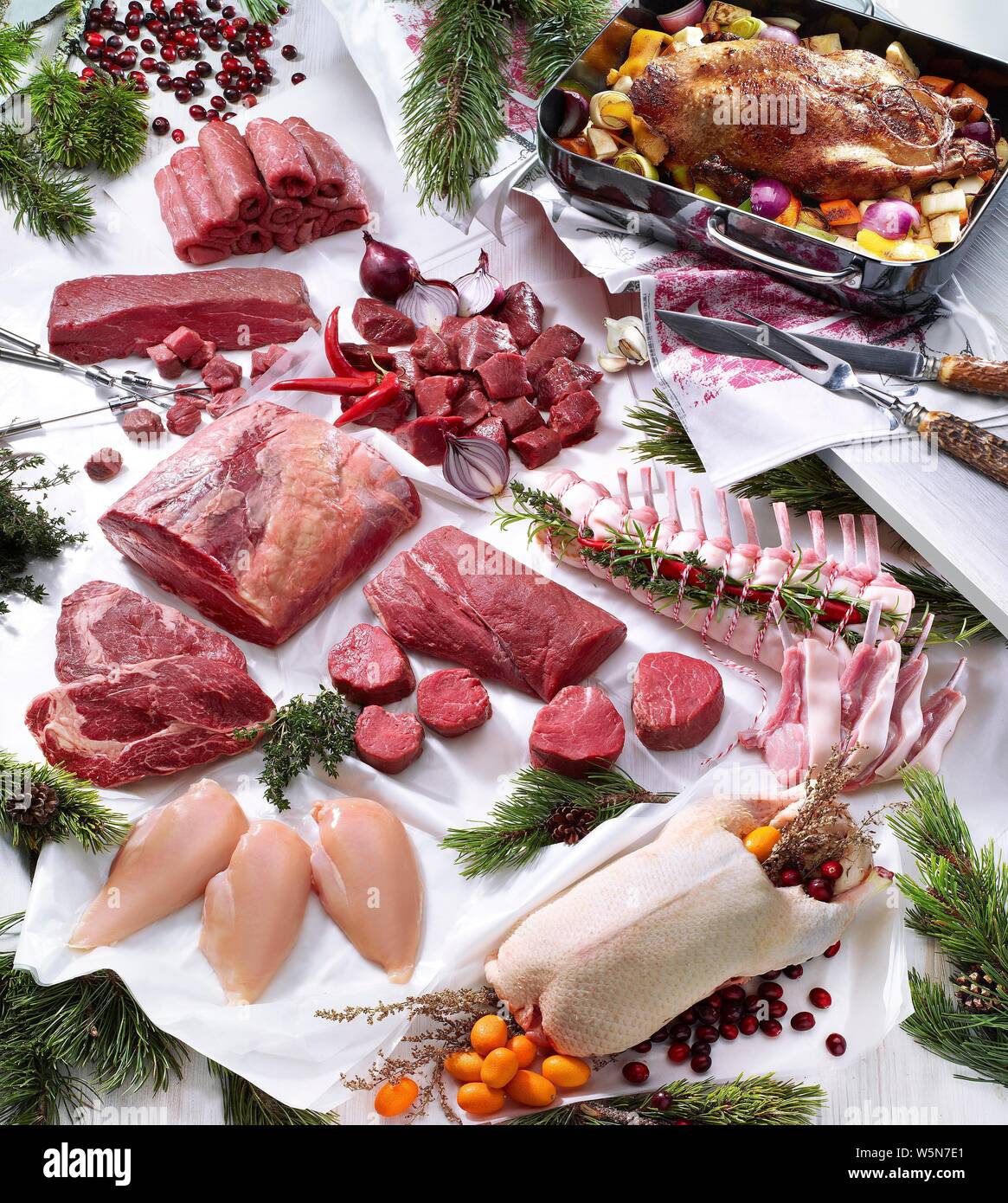 Selection of various raw meats, roast duck, Germany Stock Photo - Alamy