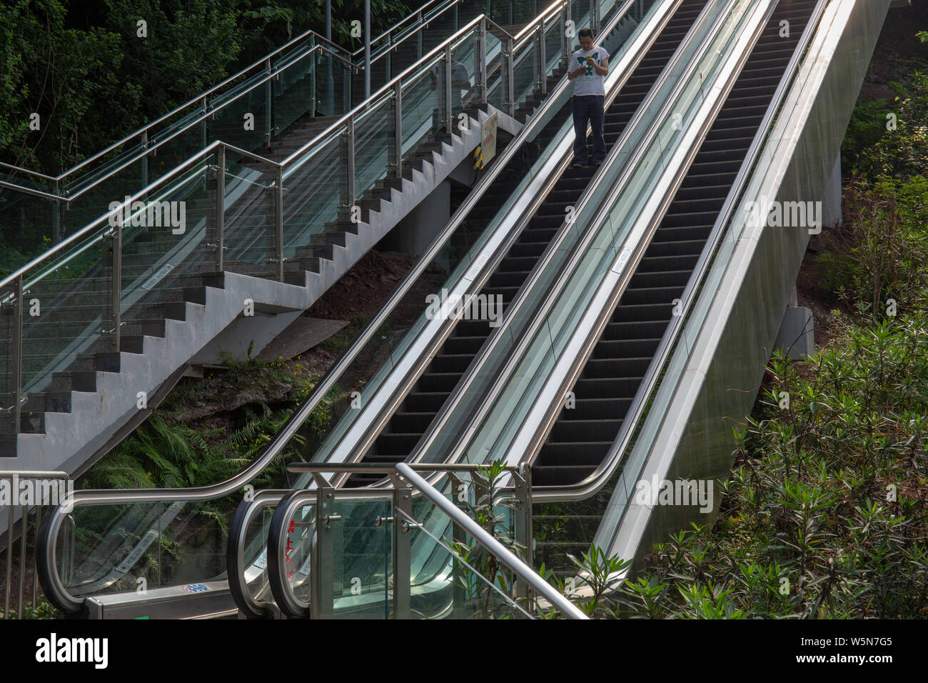 Local residents take the newly-built escalators to reach the top of a ...