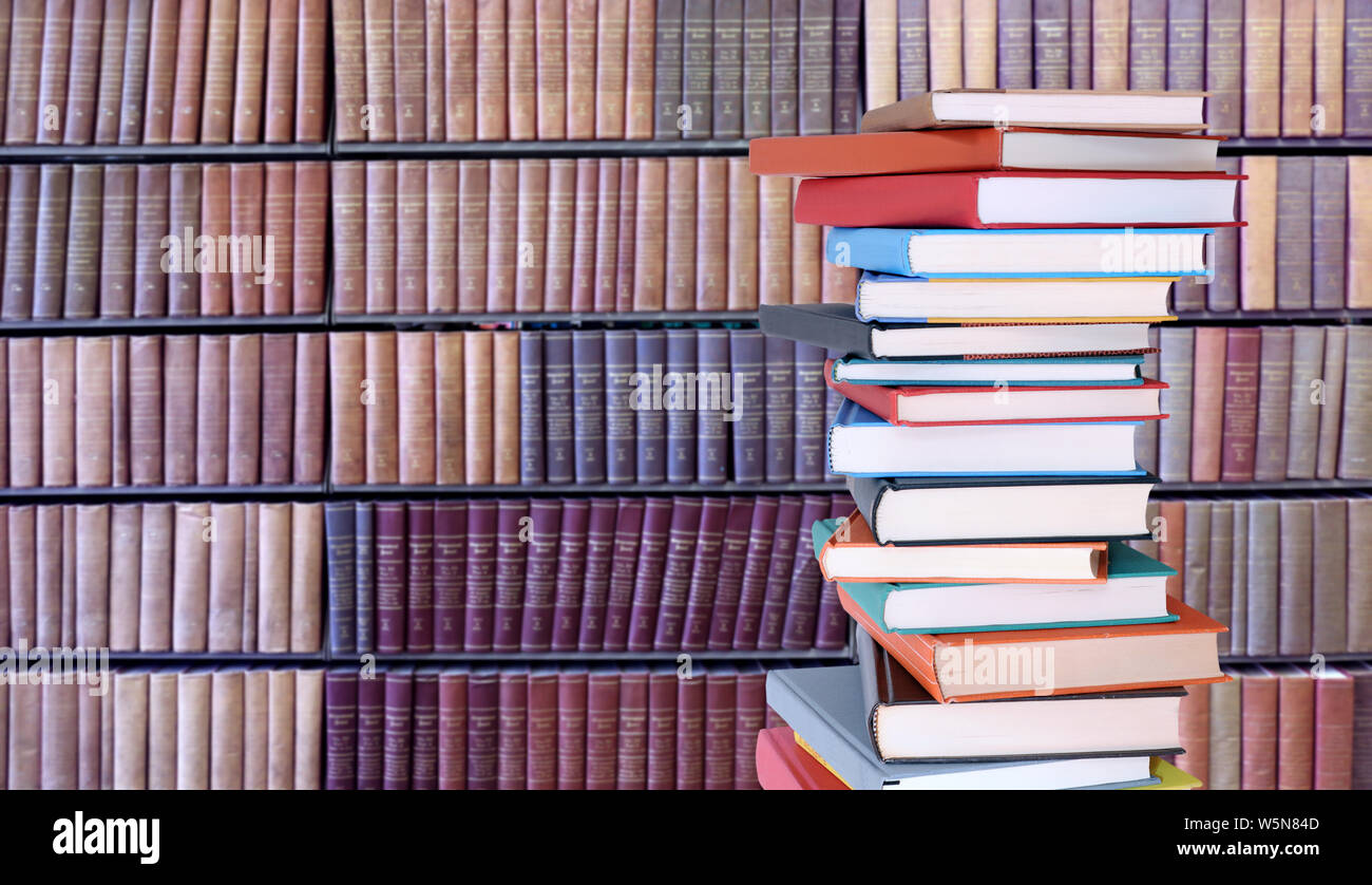 stack of books in library for education concept Stock Photo - Alamy