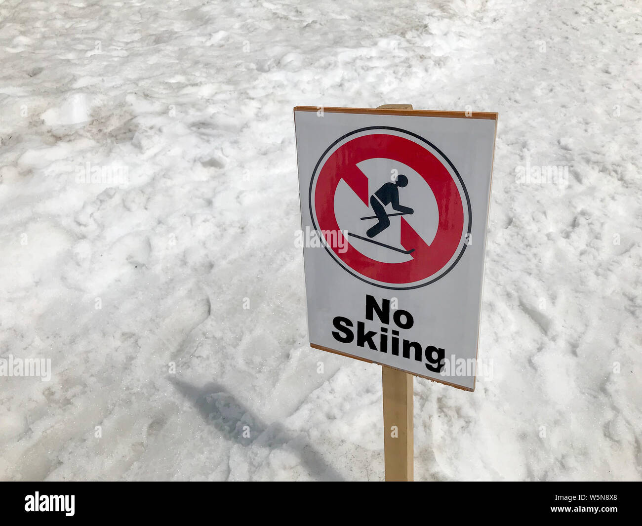 No skiing sign in winter in snowy conditions, in snowy mountains Stock ...