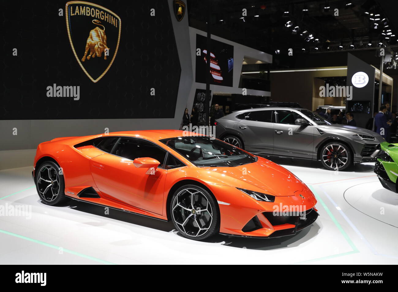 A Lamborghini Huracan Evo sports car is displayed during the 18th ...