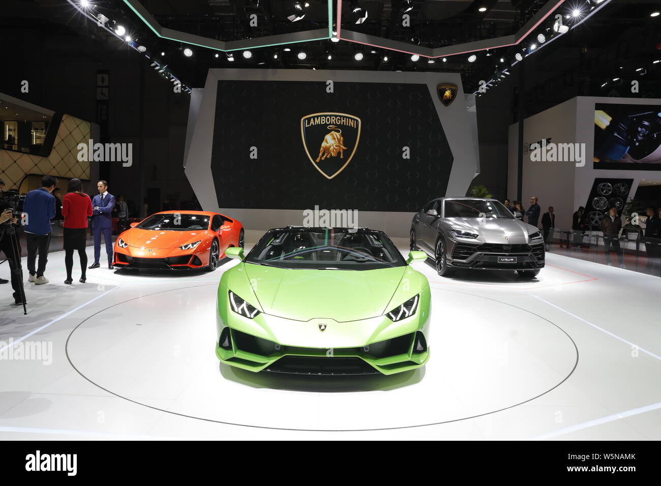 A Lamborghini Huracan Evo sports car is displayed during the 18th ...