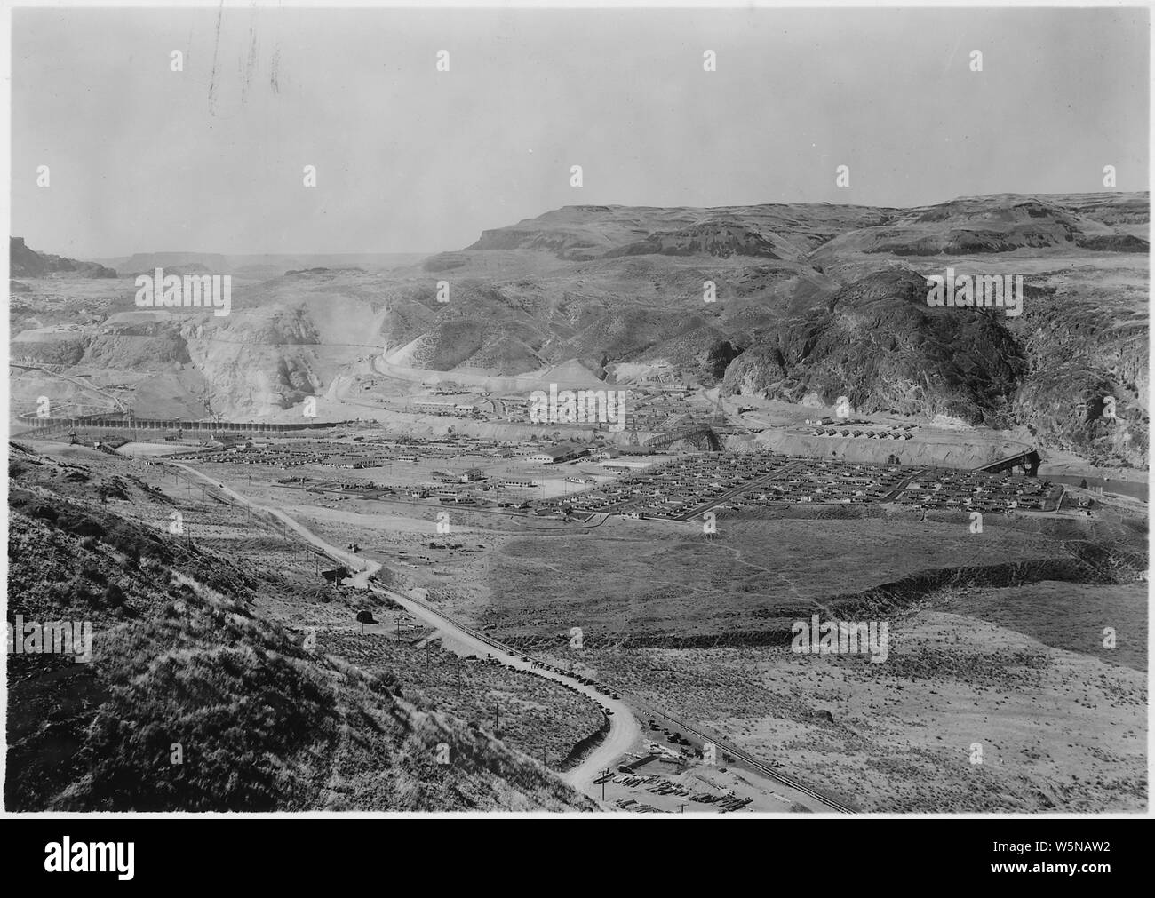 General view of operations at Grand Coulee Dam showing damsite ...
