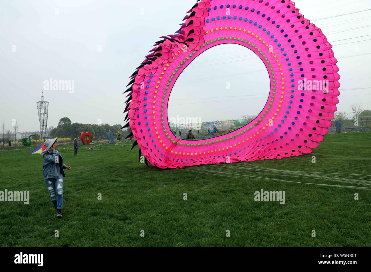 More than 10 people fly a huge kite known as the "ground-rolling dragon ...