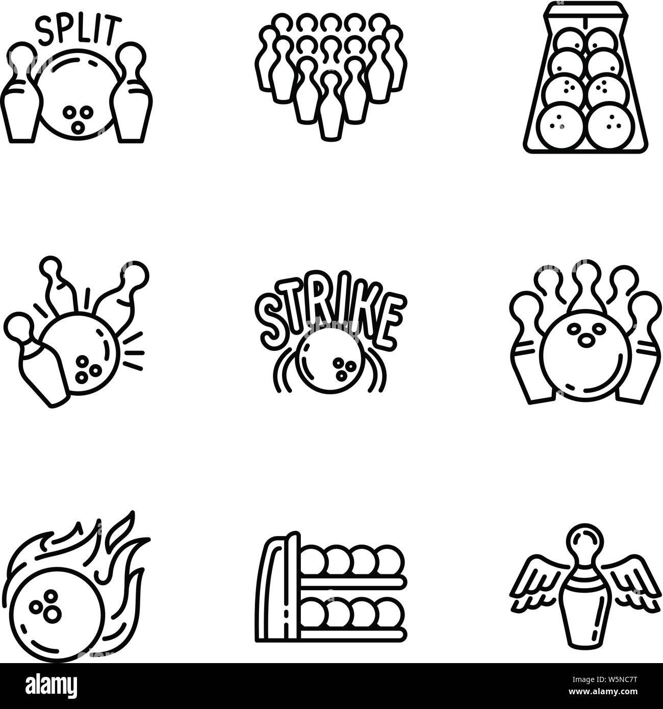 Bowling game icon set. Outline set of 9 bowling game vector icons for ...