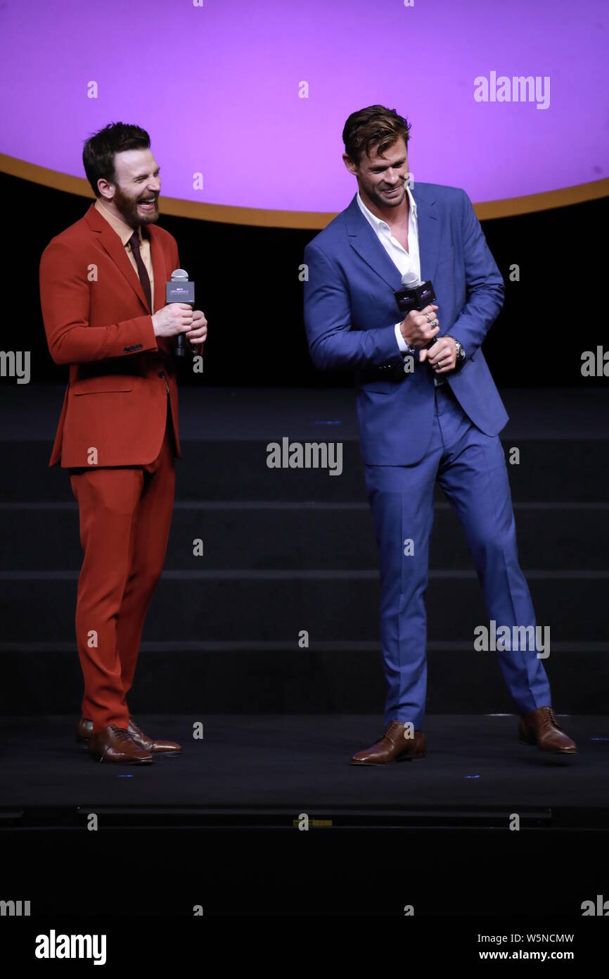 Chris Evans, left, and Chris Hemsworth attend a premiere event for the ...