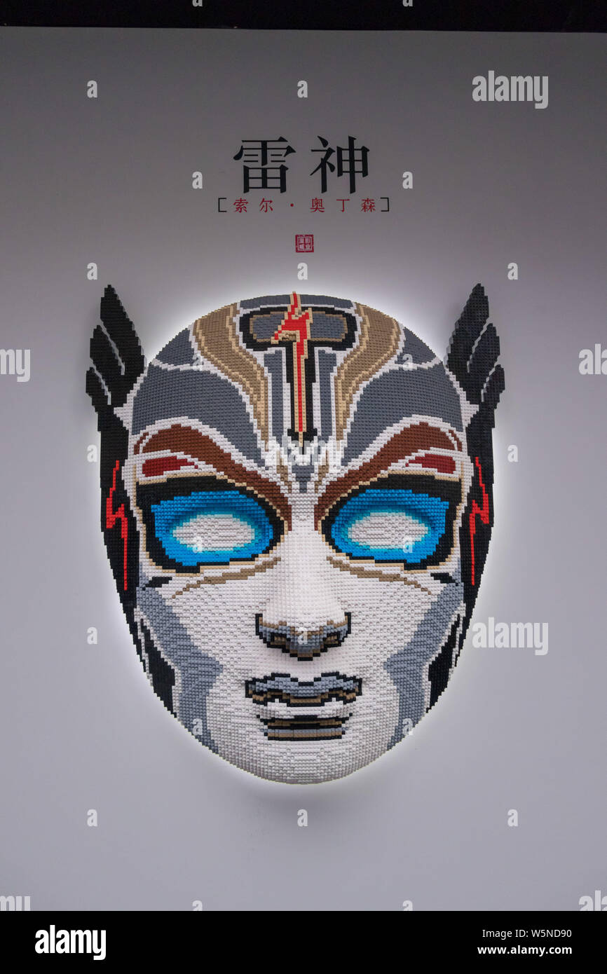 A Peking opera mask made from LEGO bricks and portraying God of Thunder ...