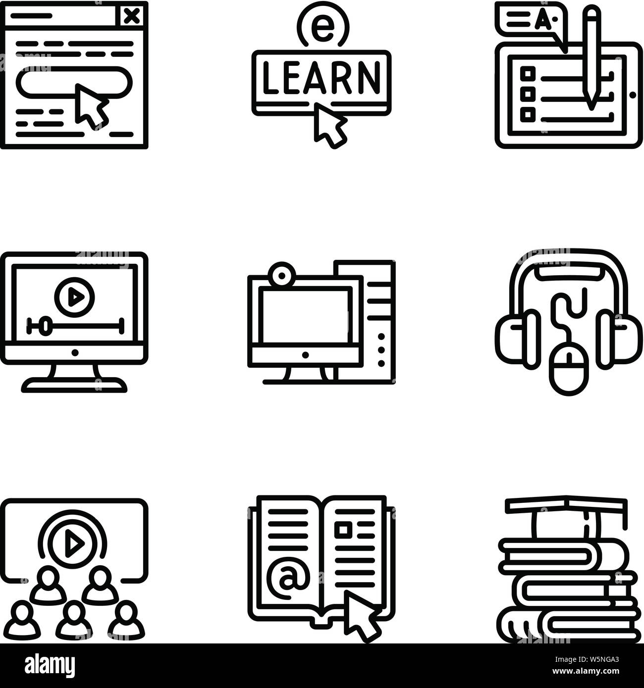 Online library icon set. Outline set of 9 online library vector icons ...