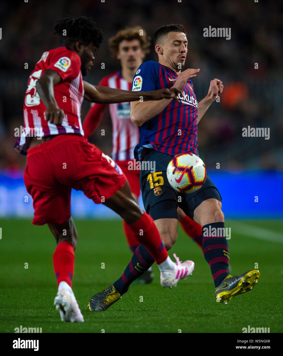 Clement Lenglet of FC Barcelona, right, challenges Thomas Partey of ...