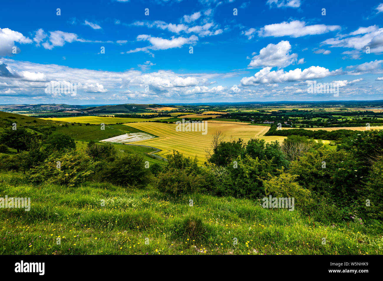 View from Firle Beacon in East Sussex of the beautiful English farming ...