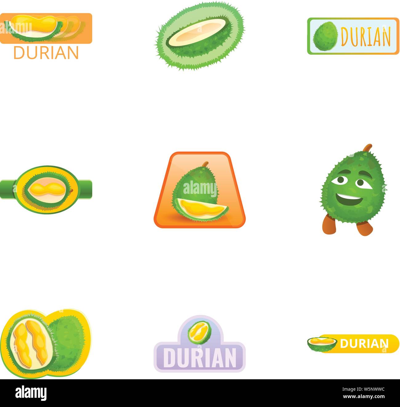 Durian logo set. Cartoon set of 9 durian vector logo for web design ...