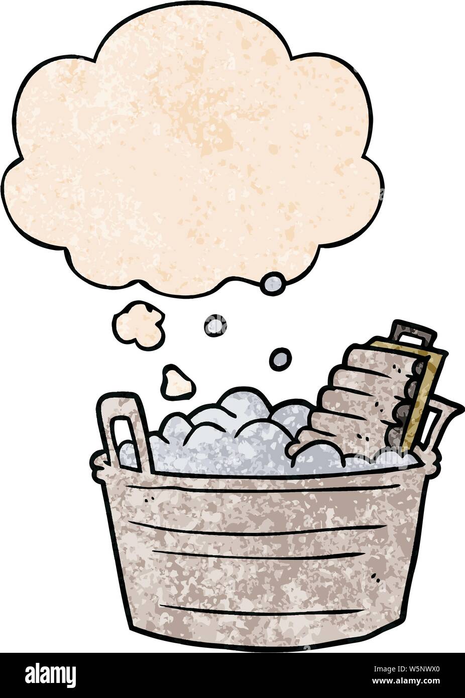 cartoon old washboard and bucket with thought bubble in grunge texture ...