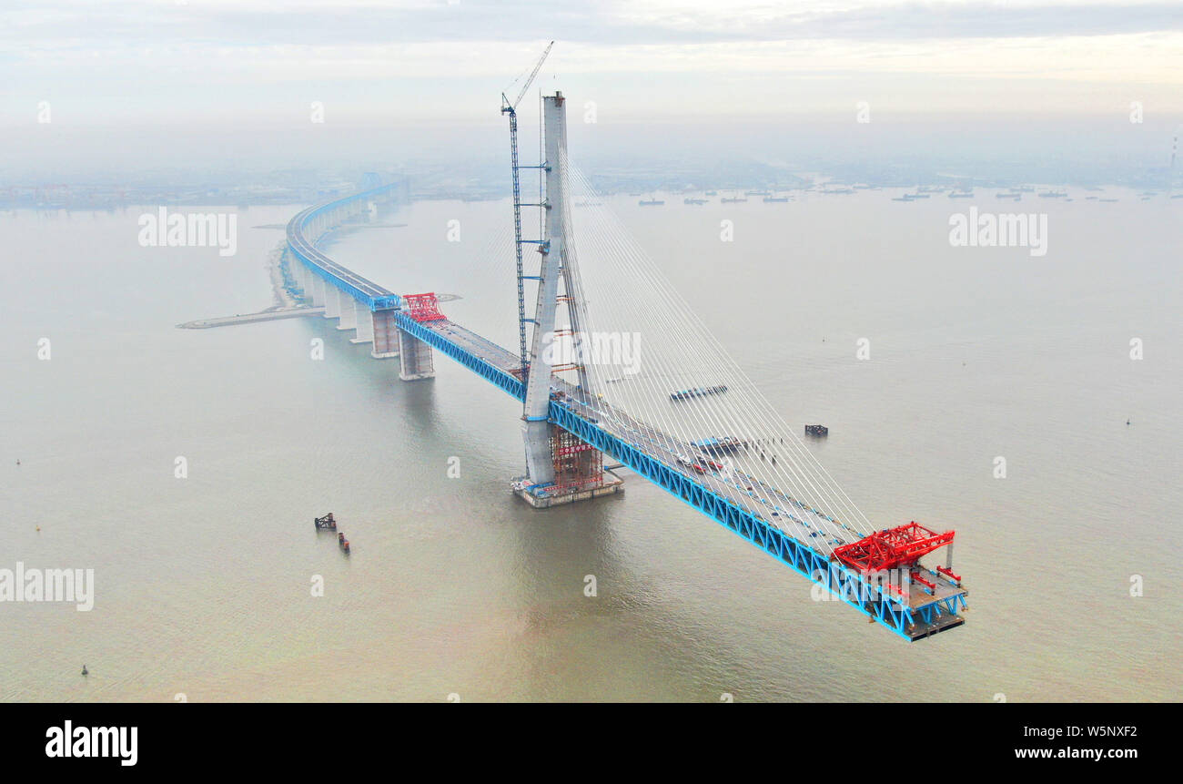 View of the steel truss girder of the world's longest cable-stayed ...